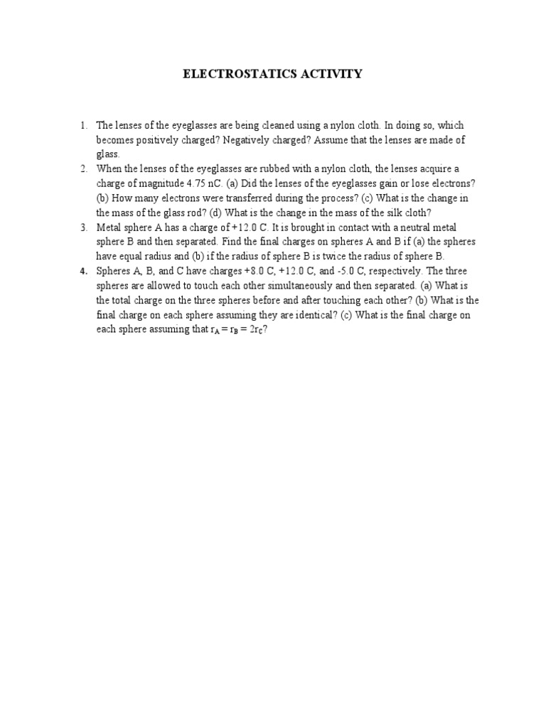 Electrostatics Activity | PDF