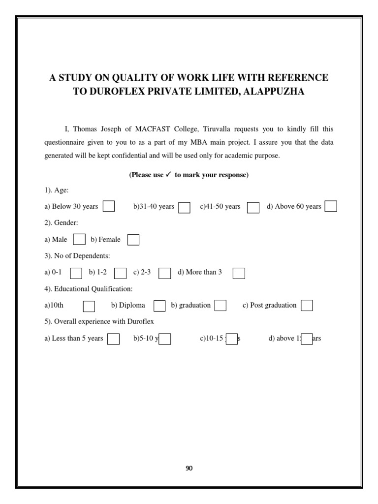 A Study On Quality of Work Life With Reference To Duroflex Private ...