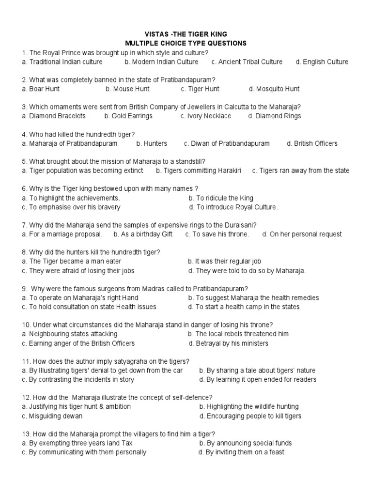 Vistas - The Tiger King Multiple Choice Type Questions | PDF | Jewellery | Tiger