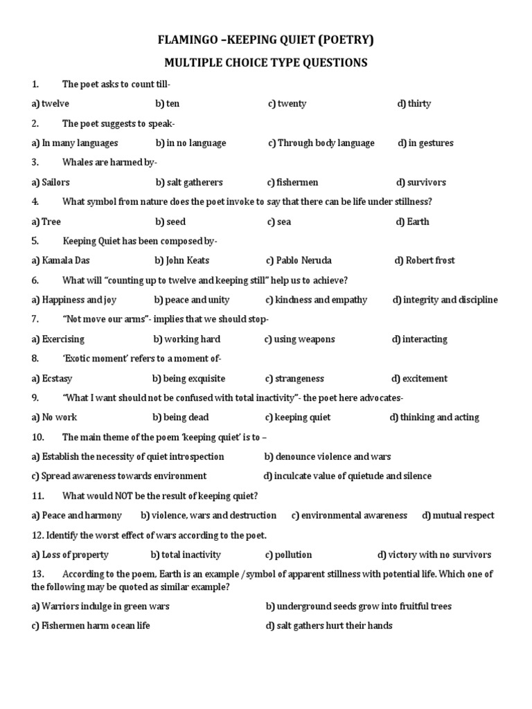 Flamingo - Keeping Quiet (Poetry) Multiple Choice Type Questions | PDF ...