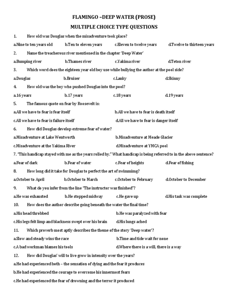 Flamingo - Deep Water (Prose) Multiple Choice Type Questions | PDF ...