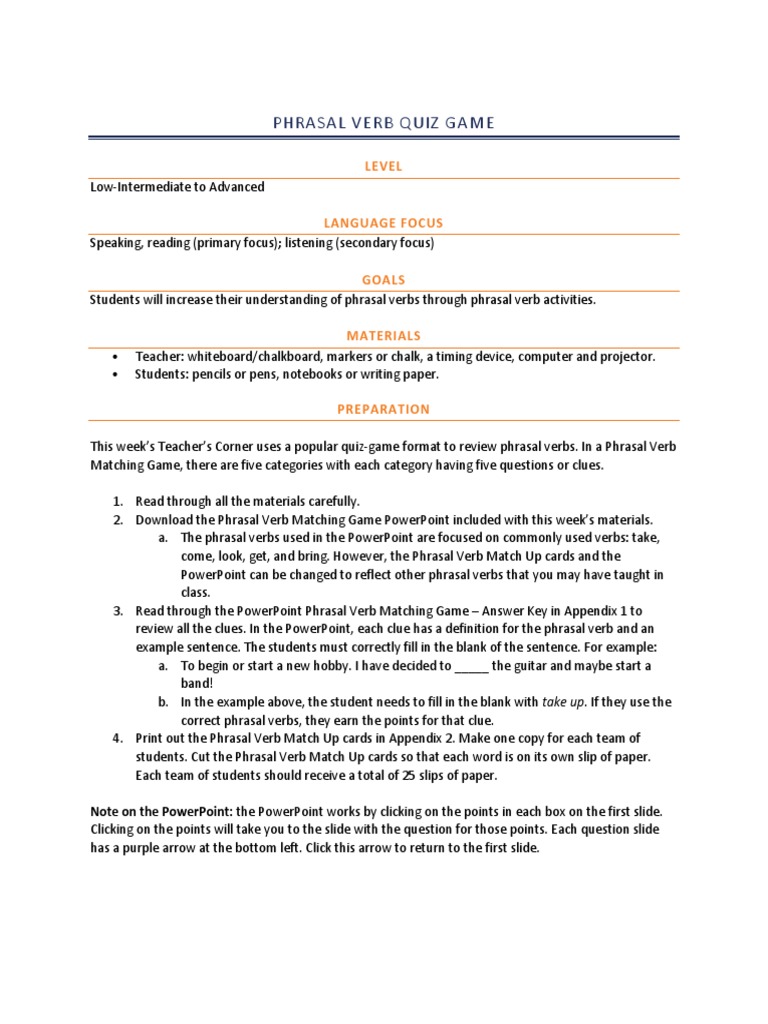 Phrasal Verb Quiz Game Activities | PDF | Phrase | Sentence (Linguistics)