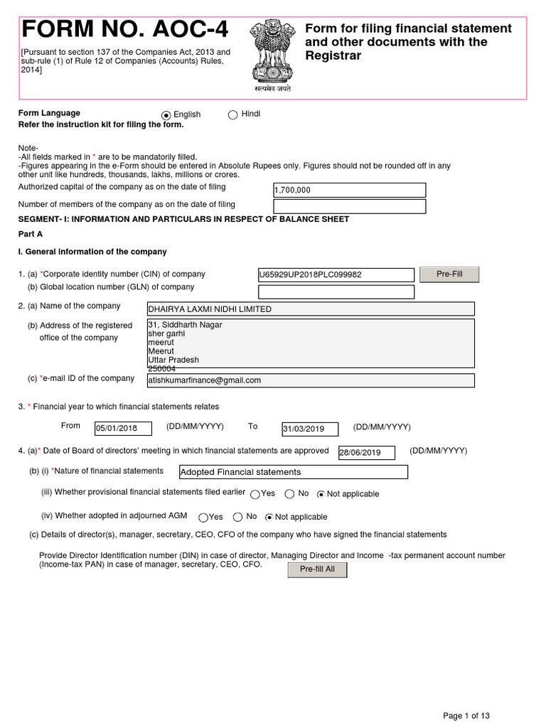 Form - AOC-4 Sign PDF | PDF | Unsecured Debt | Loans