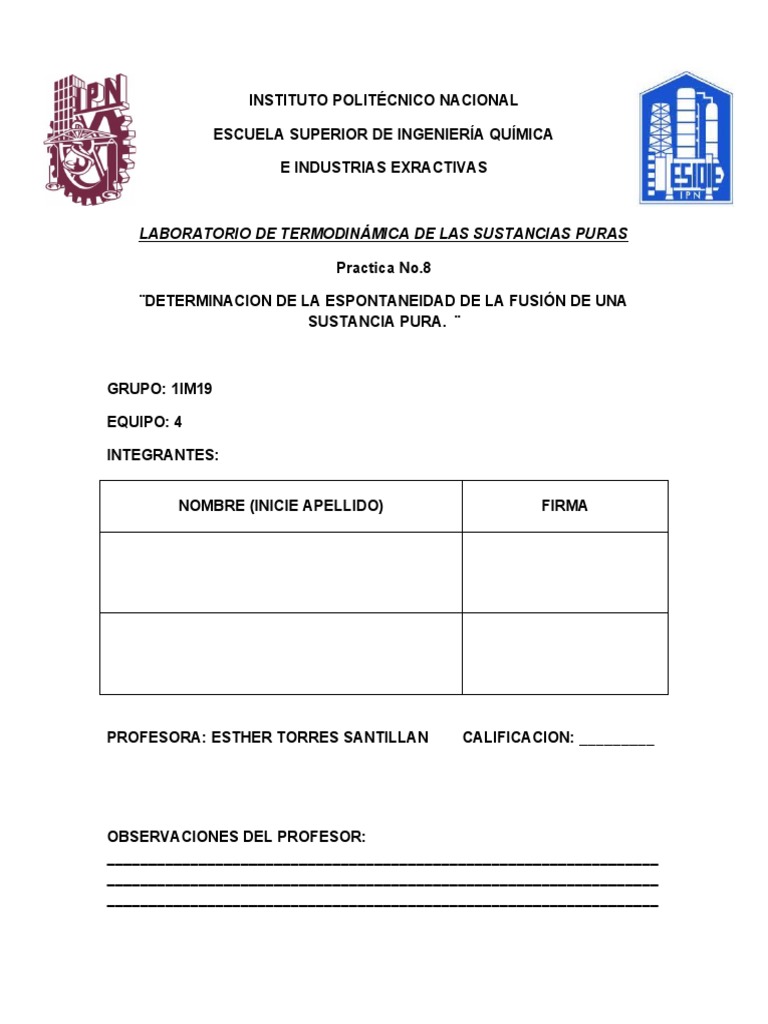Práctica 8 Termo de Las Sustancias Puras | PDF | Entropía | Derritiendo