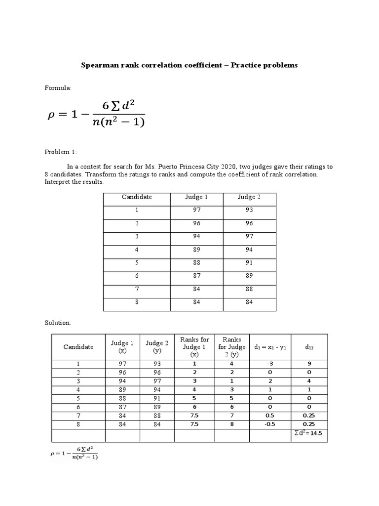 Spearman Rank Correlation Coefficient - Practice Problems | PDF | Data ...