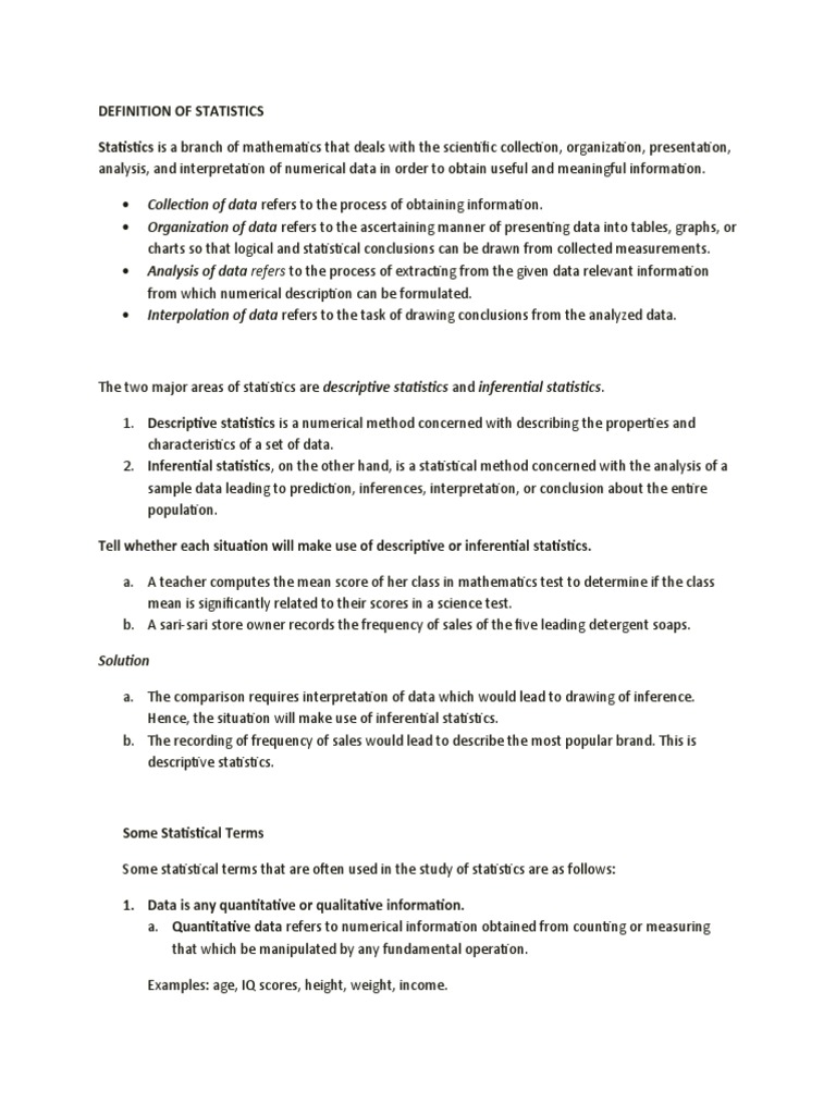 Definition of Statistics and Key Concepts | PDF | Level Of Measurement ...