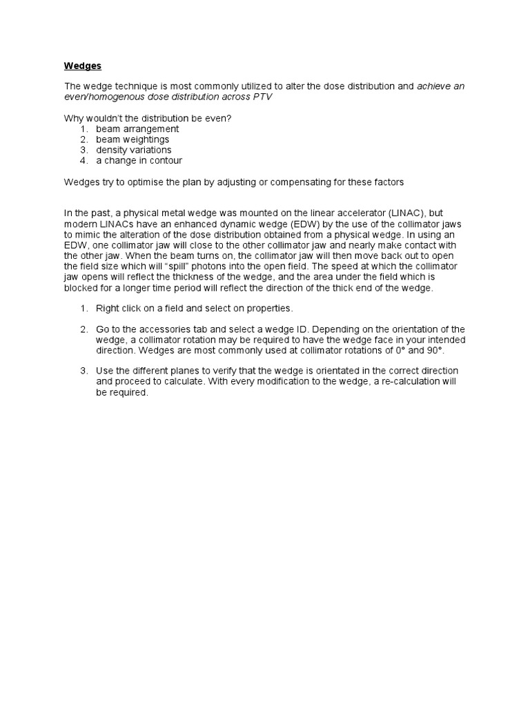 Even/homogenous Dose Distribution Across PTV: Wedges | PDF | Radiation ...