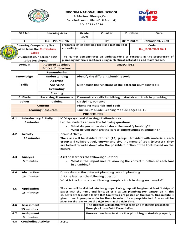 DLP 1 Plumbing Exporatory | PDF | Curriculum | Lesson Plan