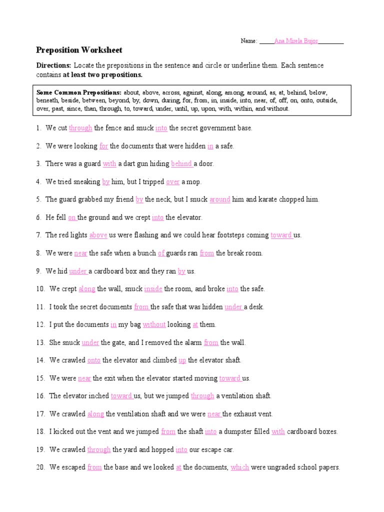 Prepositions Worksheet