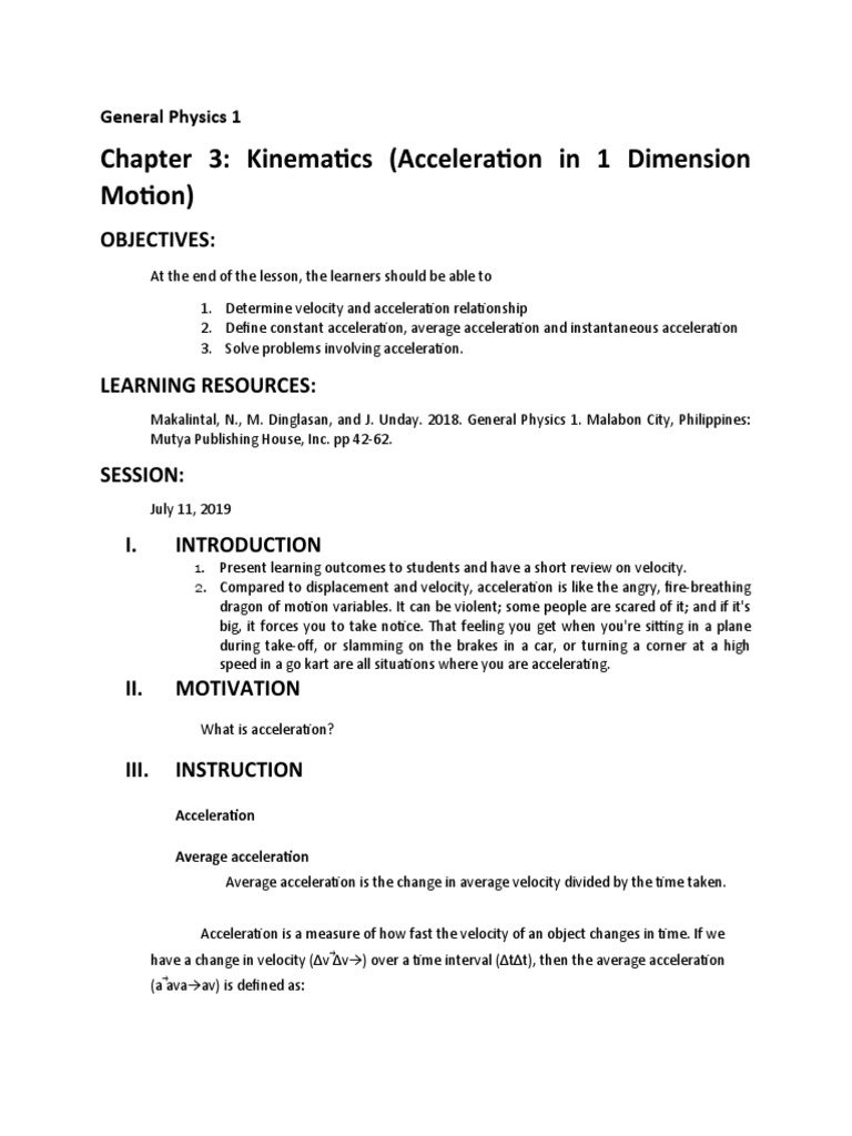 Chapter 3: Kinematics (Acceleration in 1 Dimension Motion) | PDF | Velocity | Acceleration