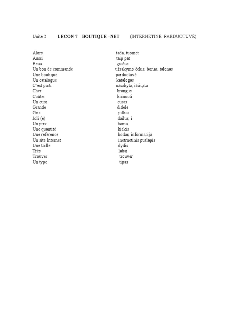 Unité 2 LECON 7 BOUTIQUE | PDF