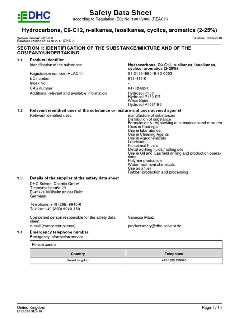 Safety Data Sheet: Hydrocarbons, C9-C12, N-Alkanes, Isoalkanes, Cyclics ...