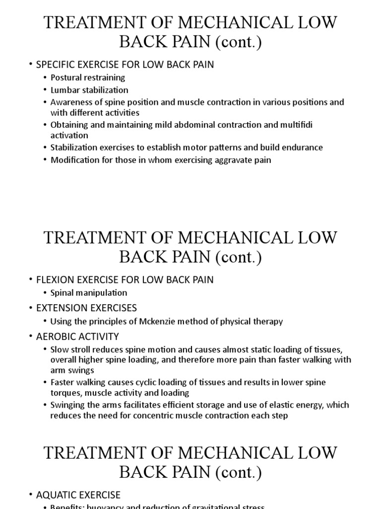 Treatment of Mechanical Low BACK PAIN (Cont.) | PDF | Back Pain | Pain