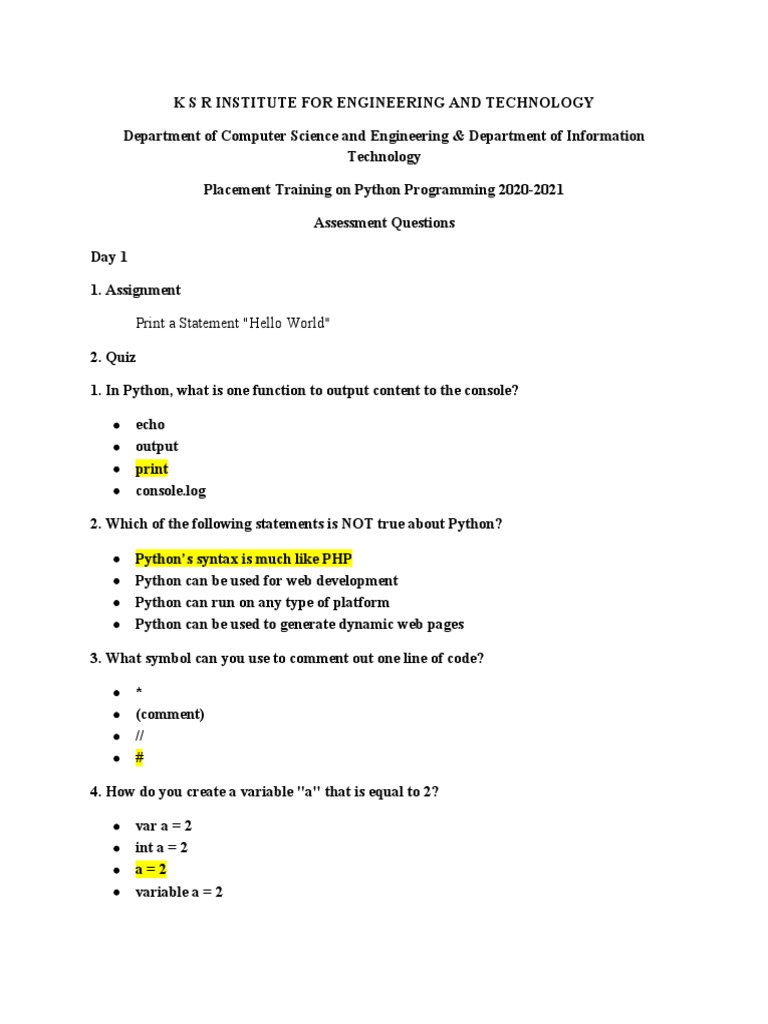 Python Assessment | Download Free PDF | Boolean Data Type | Python ...