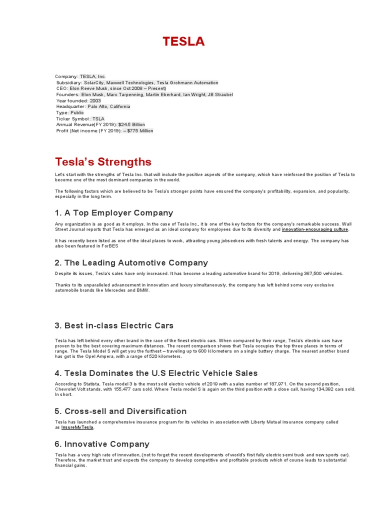 Tesla's Strengths | PDF | Hybrid Electric Vehicle | Elon Musk