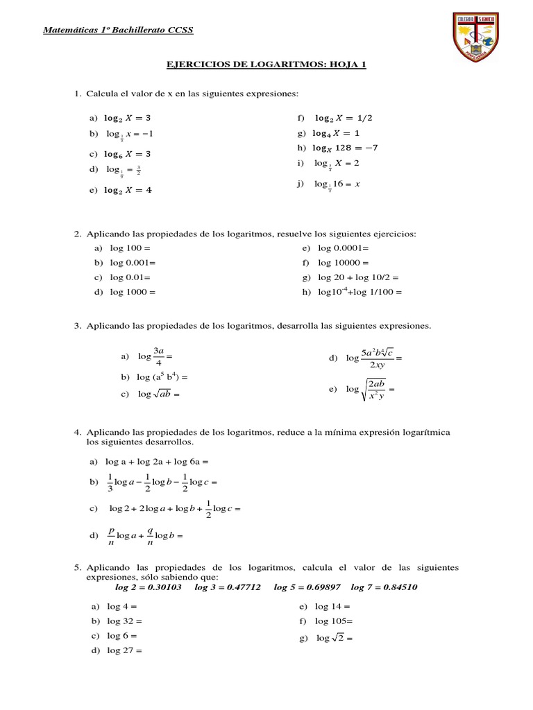 Hoja De Trabajo Sobre Las Propiedades De Los Logaritmos