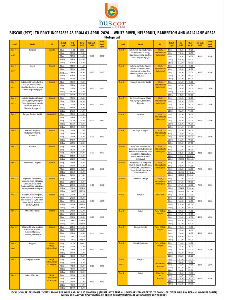 Price Increase Notice for Buscor (Pty) Ltd Transportation Services in ...