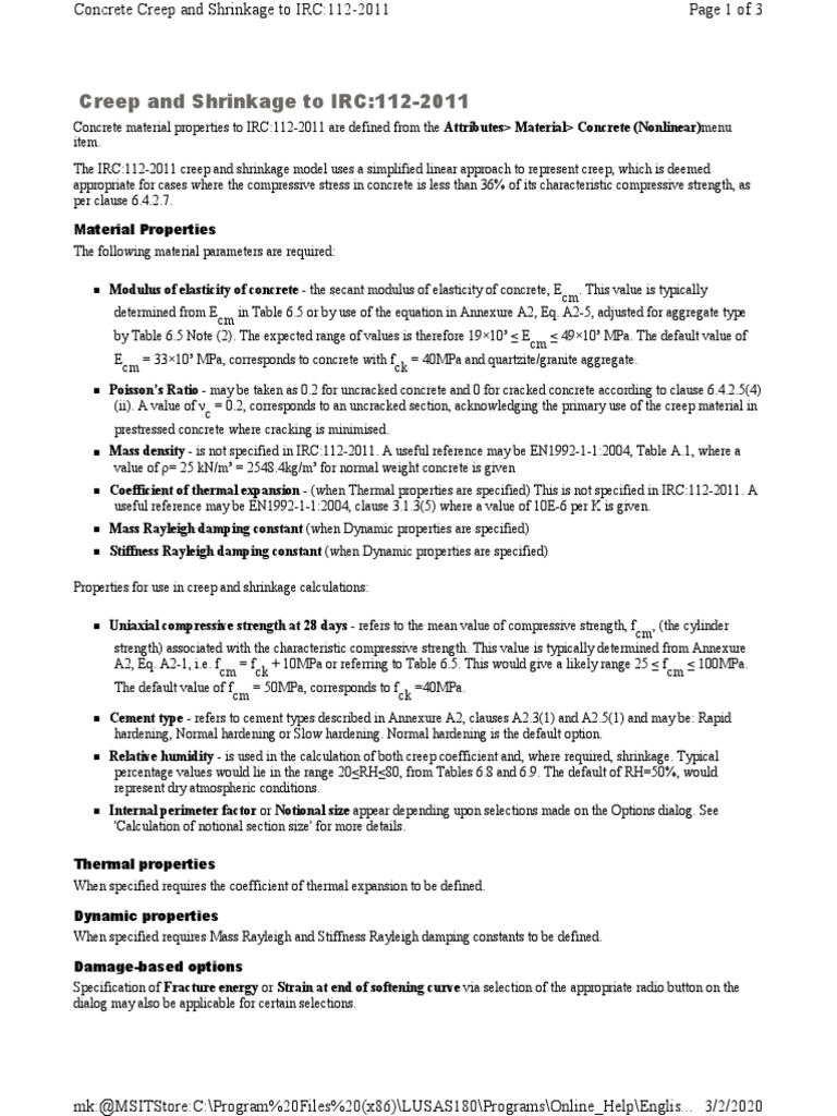 Creep and Shrinkage IRC 112-2011 | PDF | Creep (Deformation) | Young's Modulus