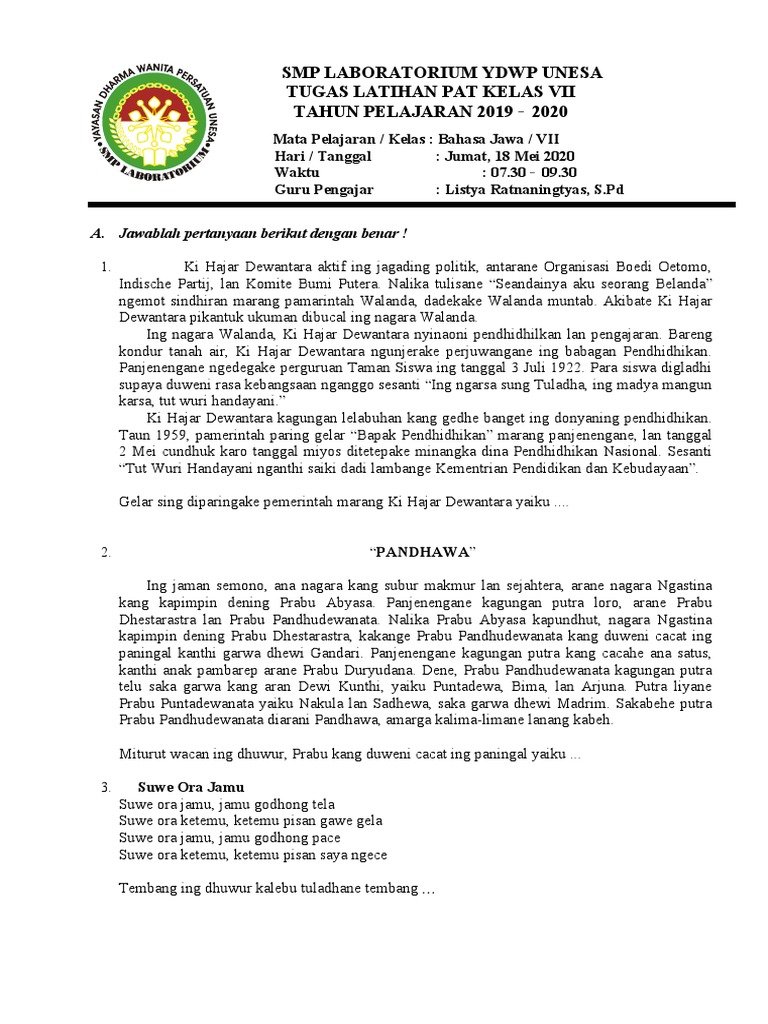 Tugas Latihan PAT Bahasa Jawa Kelas 7 Share | PDF | Kajian Bahasa Asing