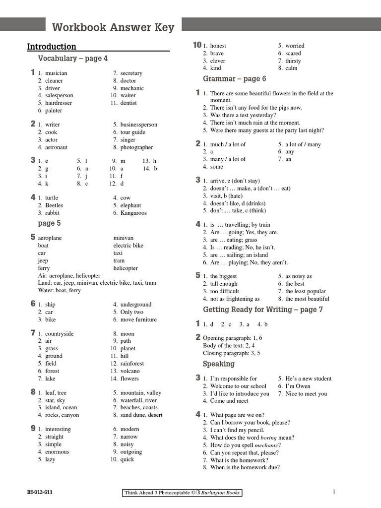 Workbook Answer Key: Vocabulary - Page 4 Grammar - Page 6 | PDF ...
