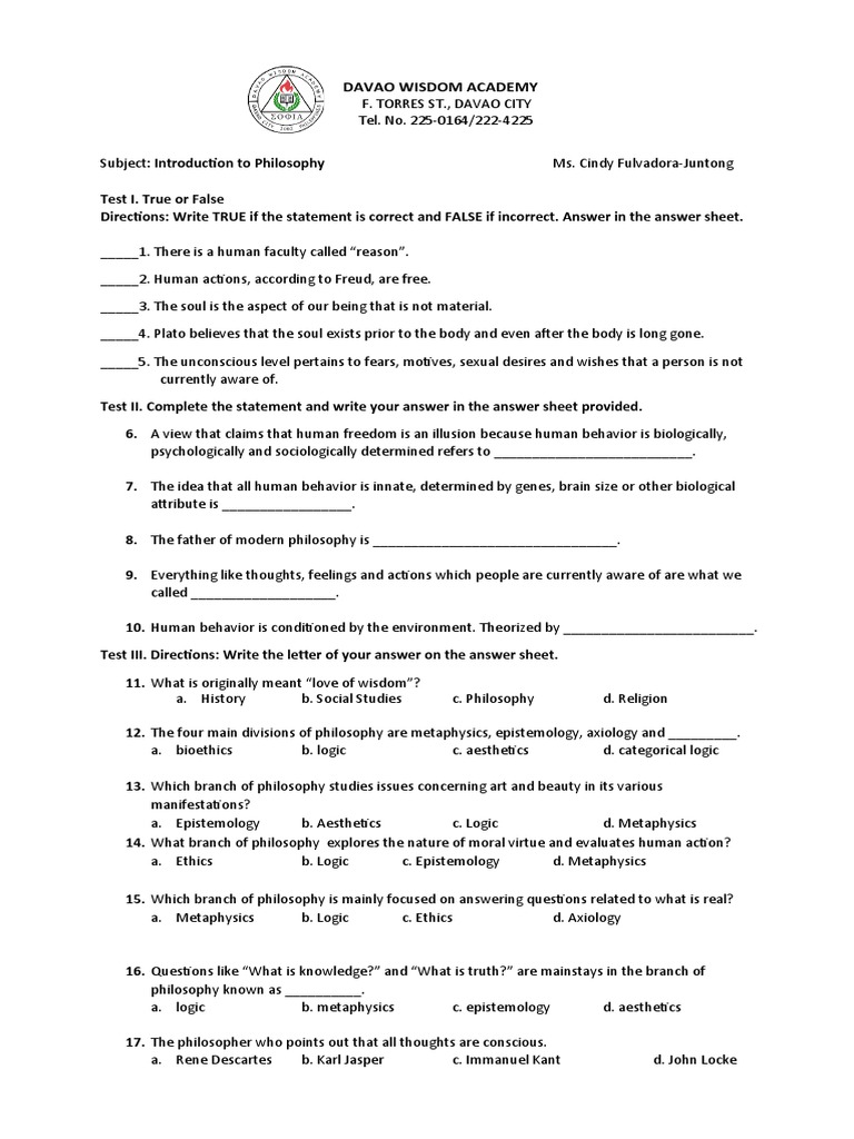 Philo Long Quiz Pdf Reason Mind Body Problem