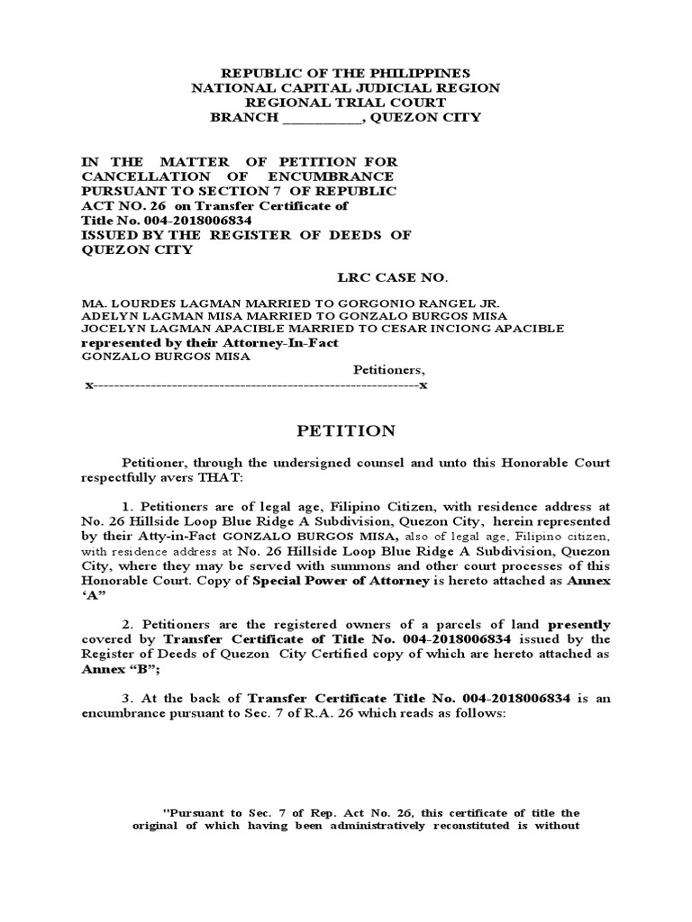 Petition: Also of Legal Age, Filipino Citizen, With Residence Address ...