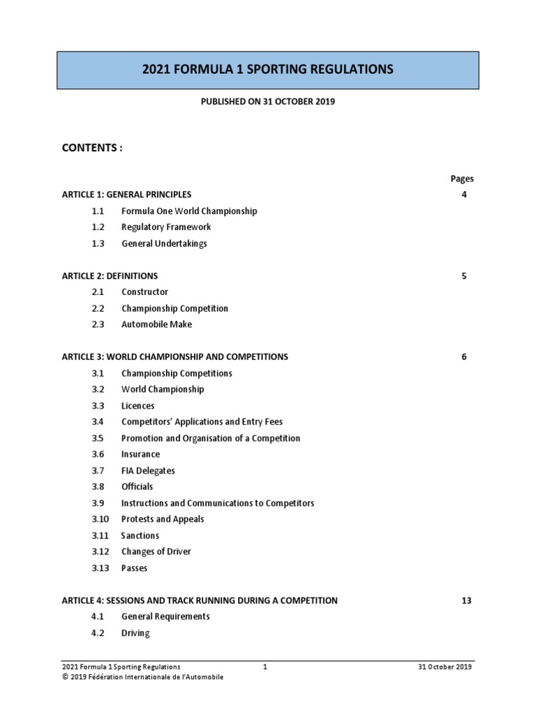 2021 Formula 1 Sporting Regulations - 2019-10-31 | PDF | Formula One ...