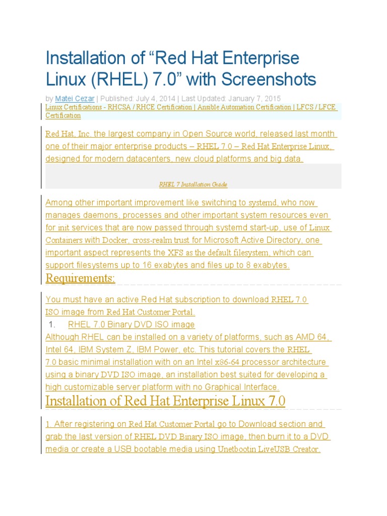 RHEL 7.0 Installation Guide with Screenshots | PDF | Linux | Superuser
