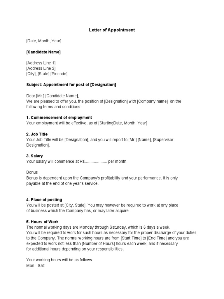 Appointment Letter Format | PDF | Confidentiality | Employment