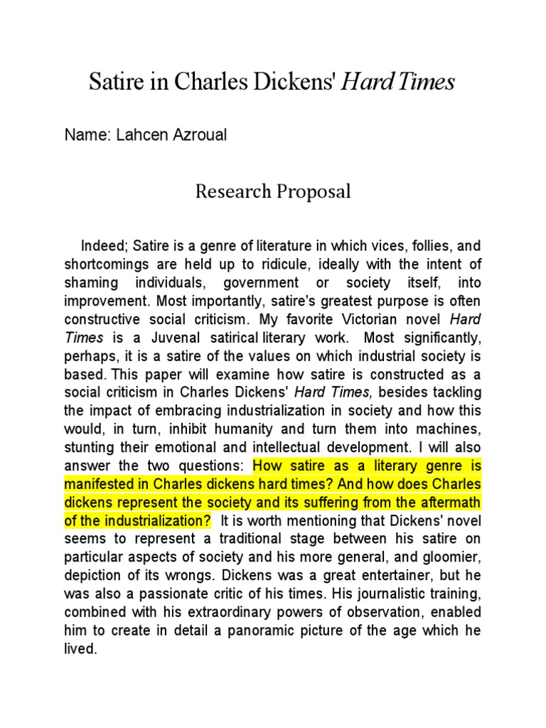 Satire in Charles Dickens' Hard Times: Research Proposal | PDF
