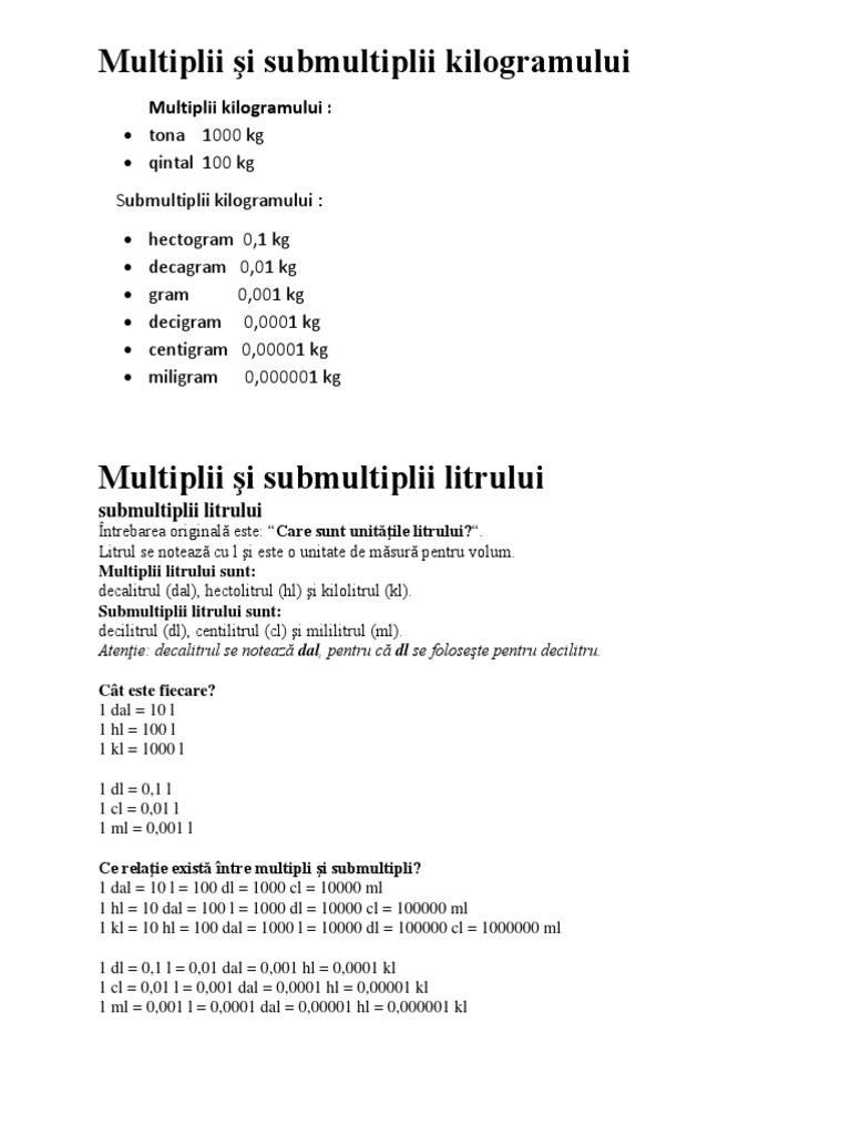 Multiplii Şi Submultiplii Kilogramului | PDF