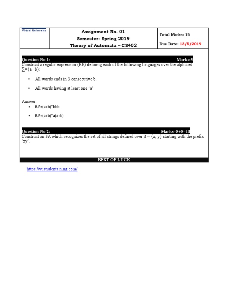 Assignment No. 01 Semester: Spring 2019 Theory of Automata - CS402 | PDF