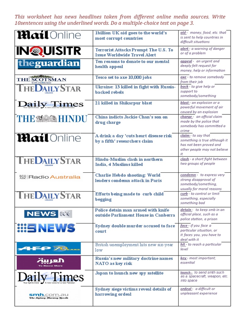 News headlines worksheet with vocabulary test | PDF | Police | Conflicts