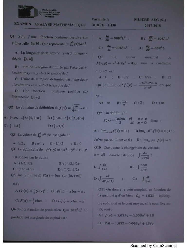 Correction Exm Math SEG S1 2017-2018 | PDF