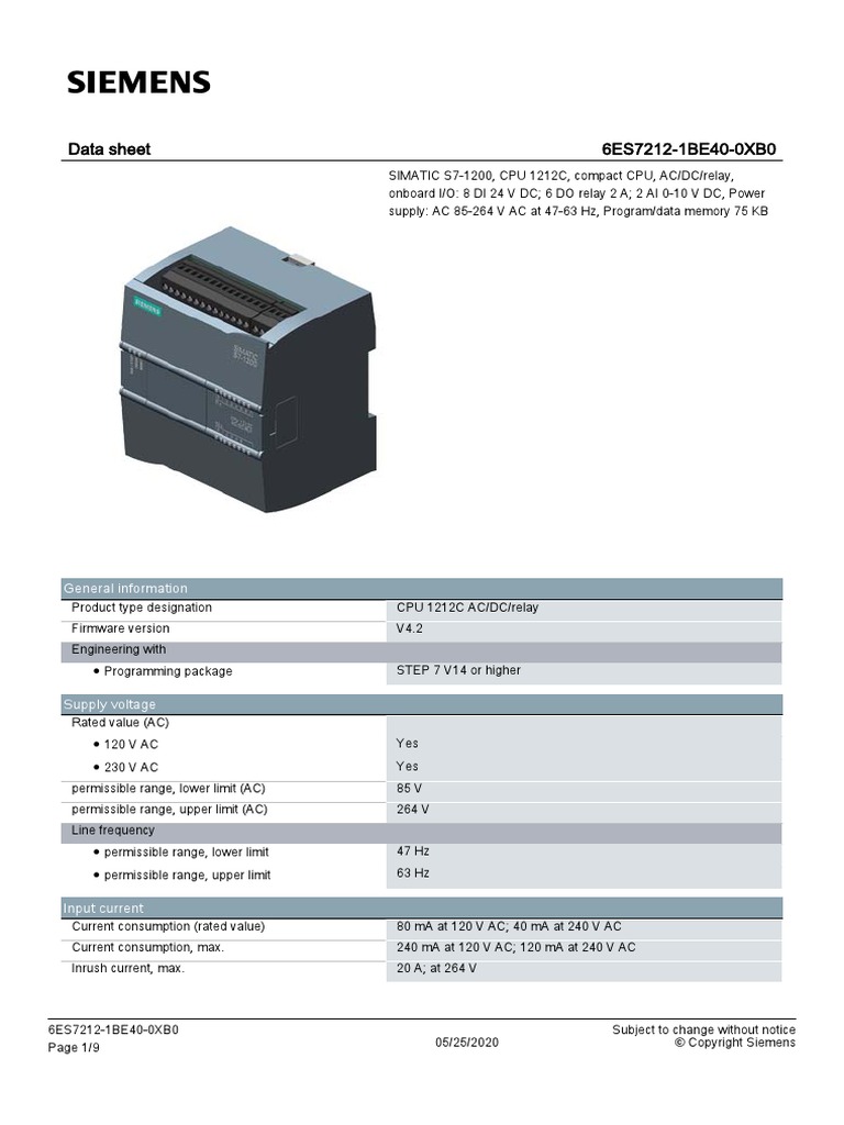 Data Sheet 6ES7212-1BE40-0XB0: General Information | PDF | Electromagnetic Interference ...