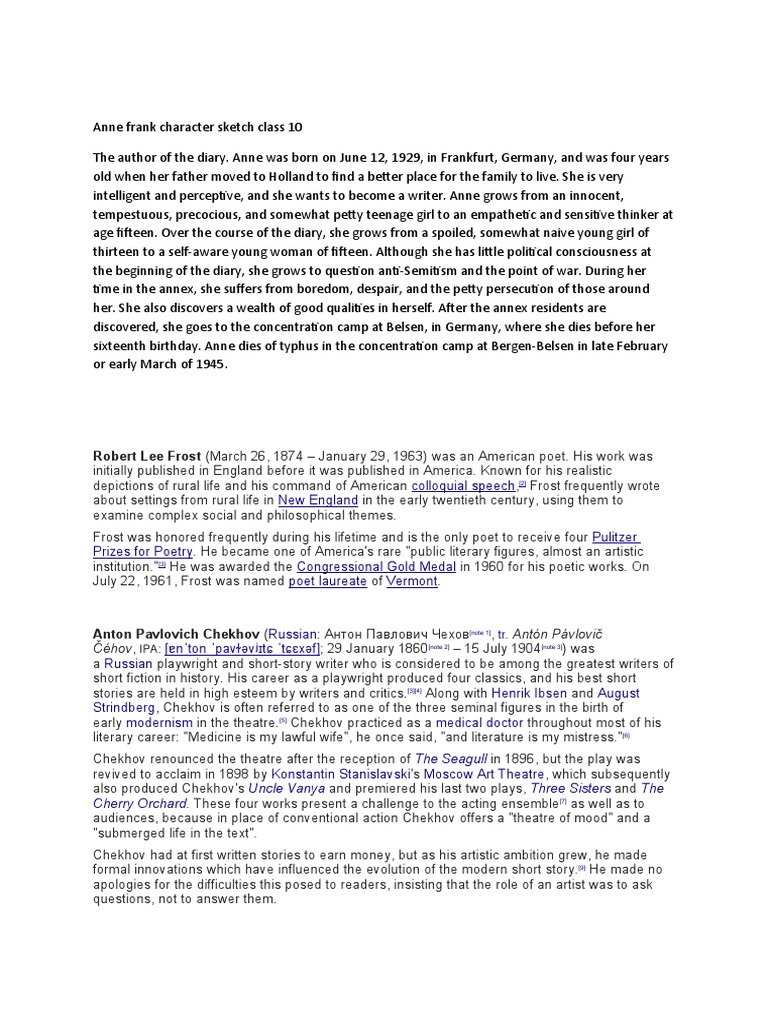 Anne Frank Character Sketch Class 10 | PDF | Anton Chekhov | Theatre