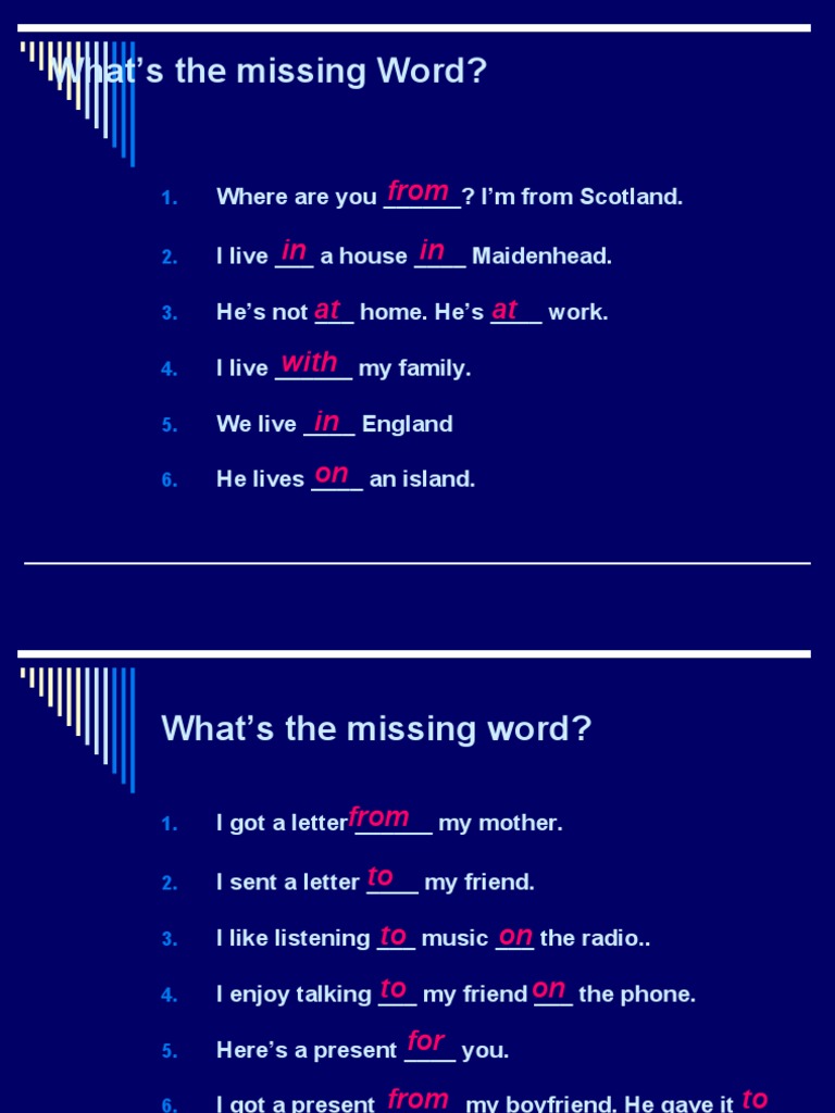 What's The Missing Word?: From in in at at With in On | PDF | Language ...
