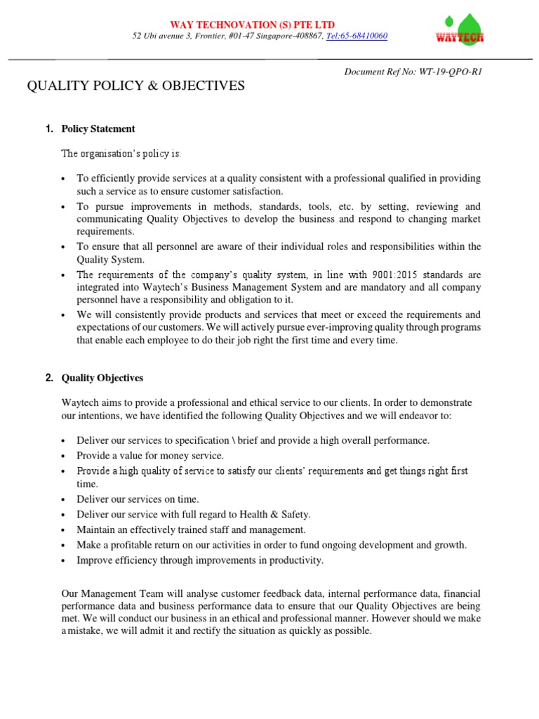 Quality Policy & Objectives | PDF | Customer | Employment