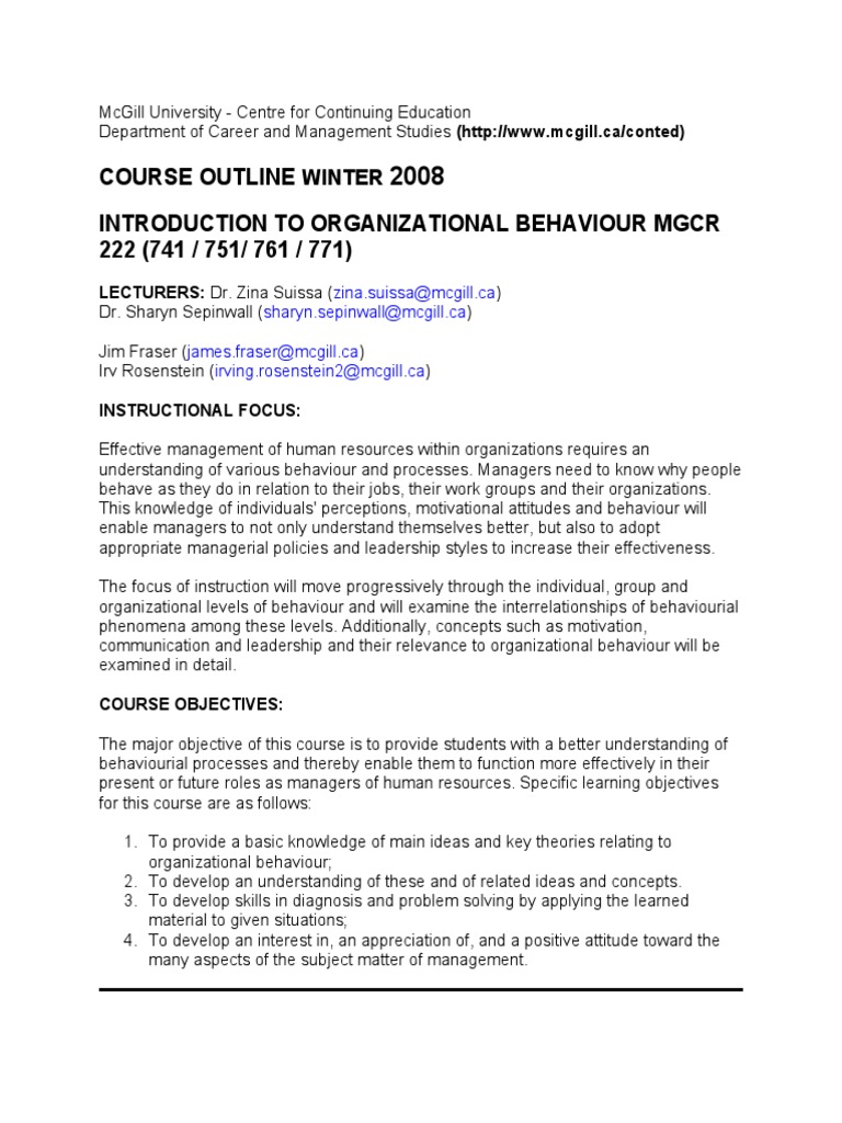 Ob Course Outline | Download Free PDF | Organizational Behavior ...