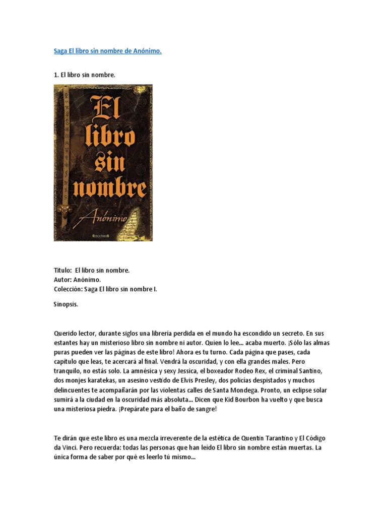 Saga El Libro Sin Nombre de Anónimo | PDF