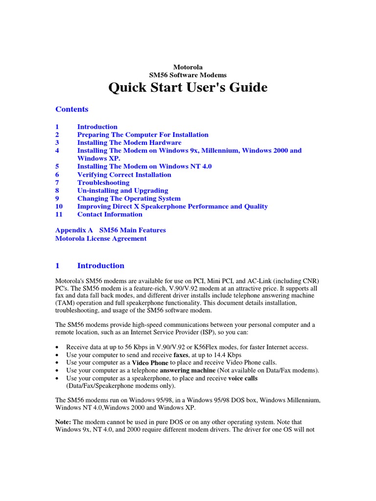 Quick Start User's Guide: Motorola SM56 Software Modems | PDF | Modem ...