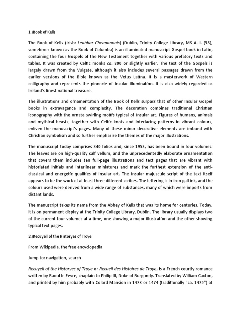 1.) Book of Kells: Recuyell of The Historyes of Troye or Recueil Des Histoires de Troye, Is A ...