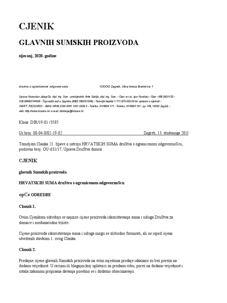 Cjenik Glavnih Sumskih Proizvoda 2020 | PDF