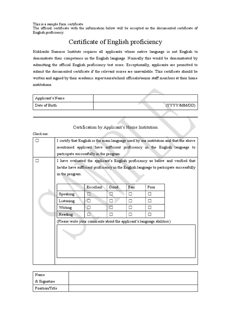 Certificate of English Proficiency: Certification by Applicant's Home Institution | PDF
