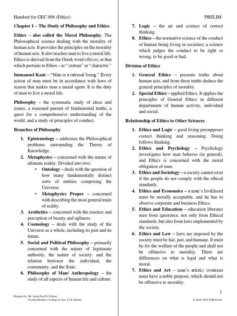 Ethics Prelim | PDF | Reason | Truth