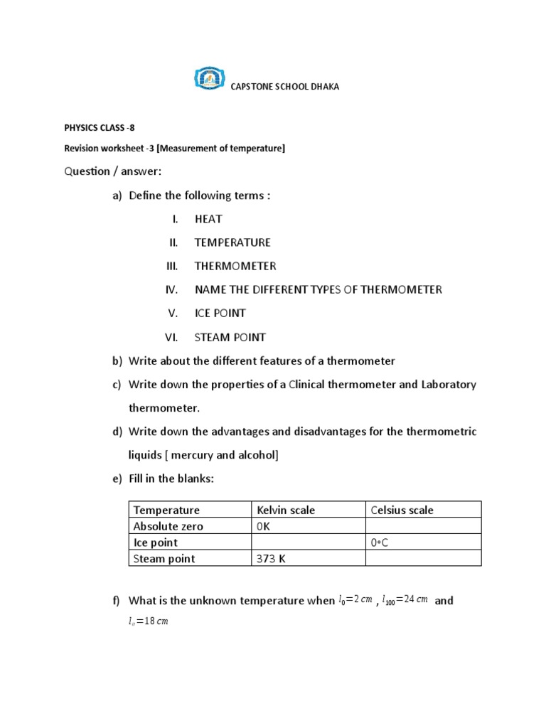 Temperature Measurement Worksheet Class 8 | PDF