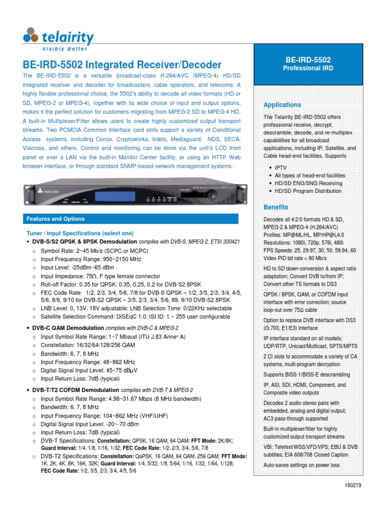 Telairity IRD 5502 Integrated Receiver - Decoder | PDF | High ...