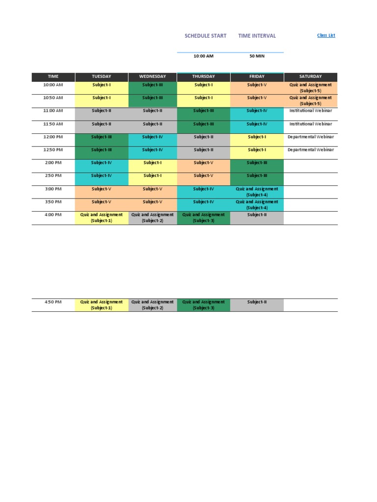 Schedule Start Time Interval: Time Tuesday Wednesday Thursday Friday ...