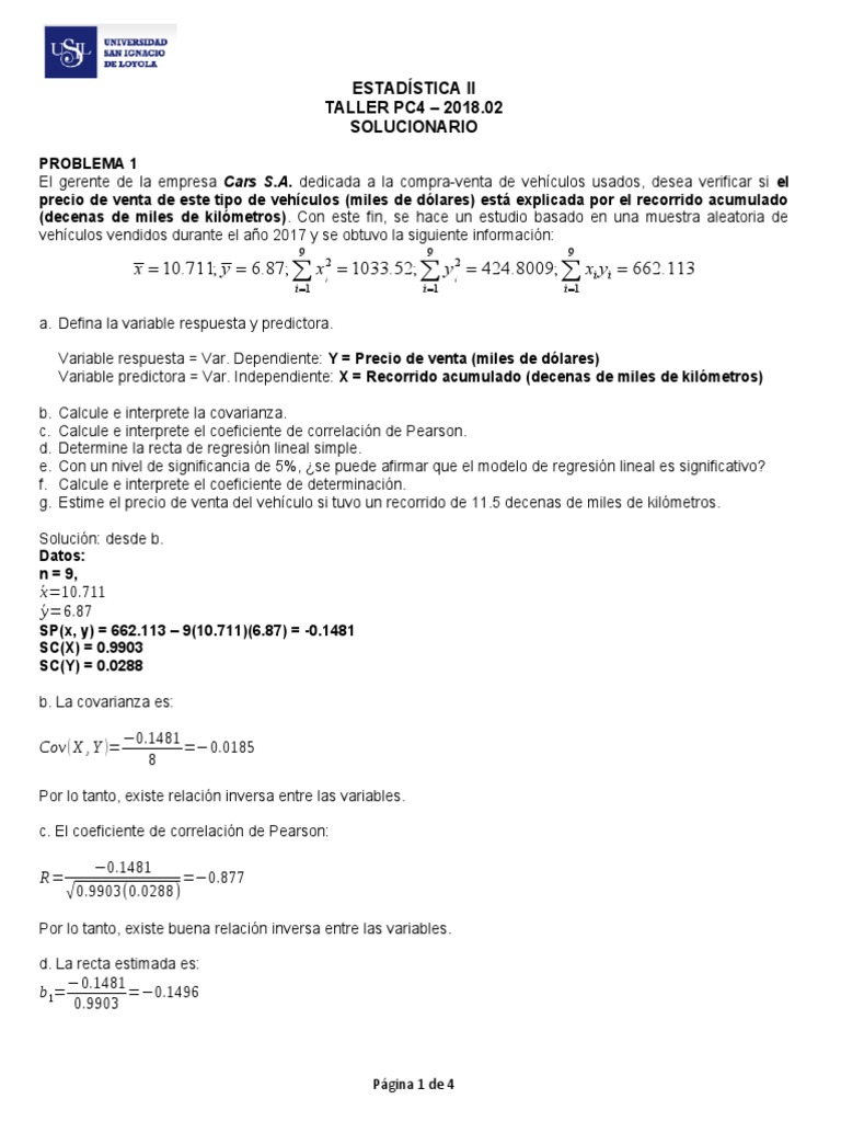 Solucionario Taller Pc4 2018-02 | PDF | Regresión lineal | Covarianza