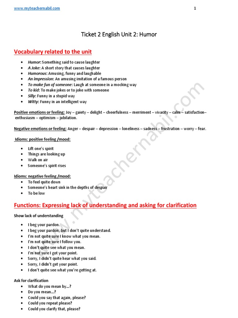 Vocabulary Related To The Unit: Ticket 2 English Unit 2: Humor ...